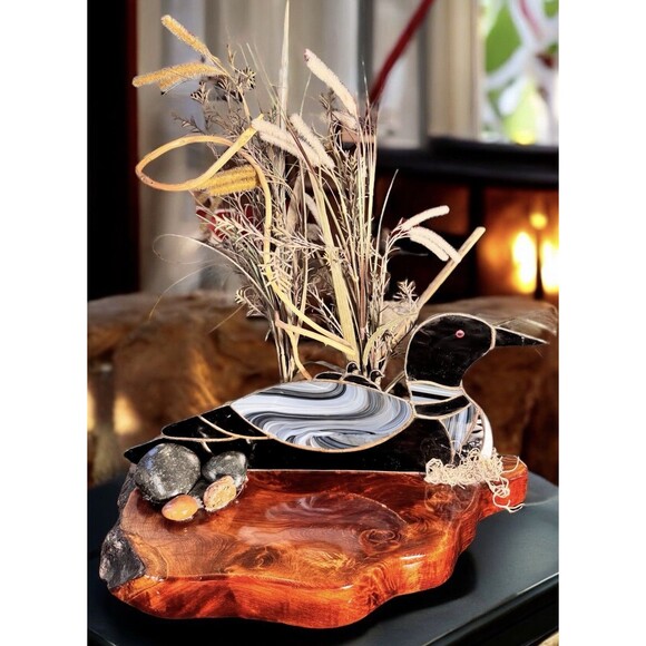 Art | Vtg Large Stained Glass Goose Duck On Wood Base Window Duck Art ...